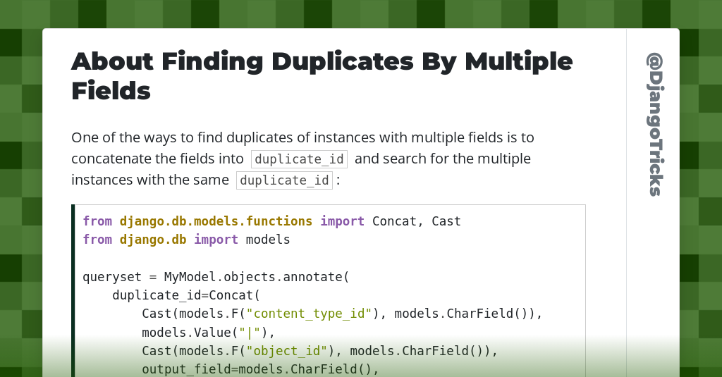 About Finding Duplicates By Multiple Fields - DjangoTricks