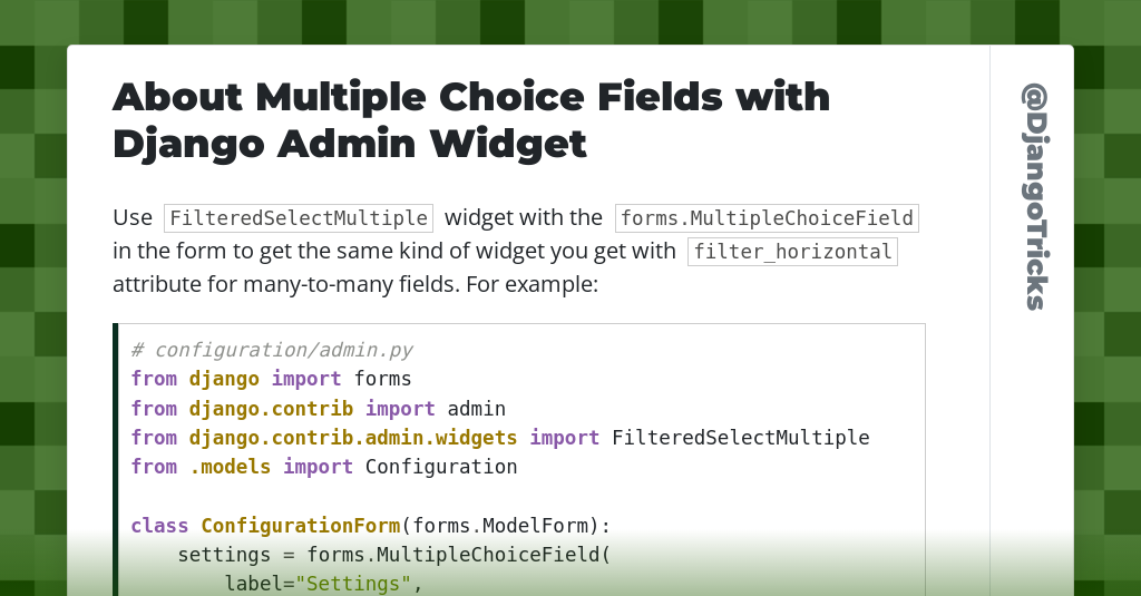 About Multiple Choice Fields with Django Admin Widget - DjangoTricks