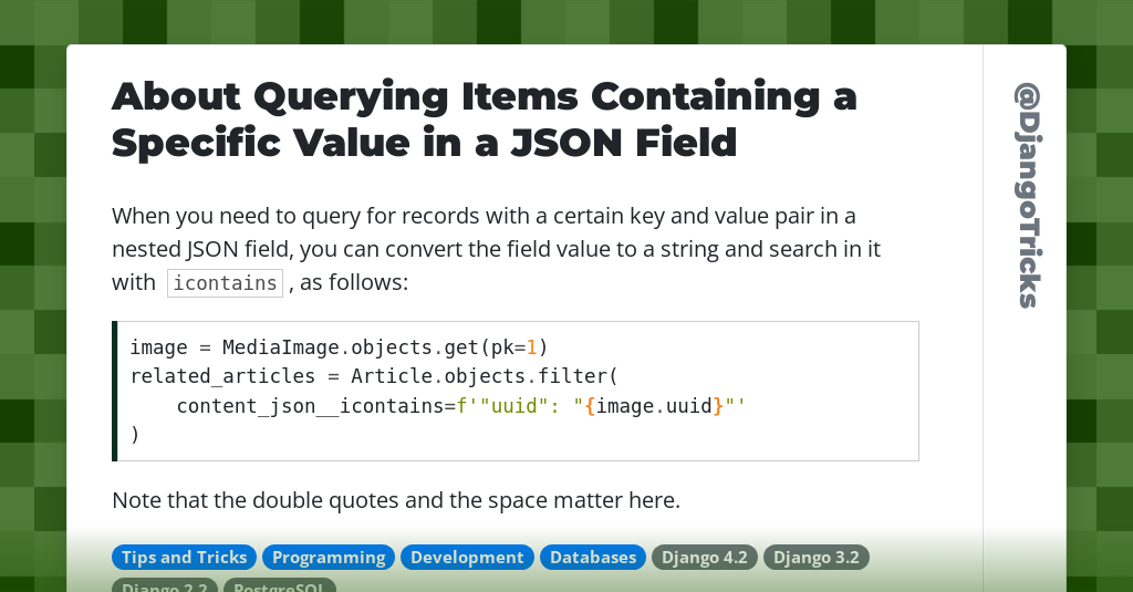 About Querying Items Containing a Specific Value in a JSON Field - DjangoTricks