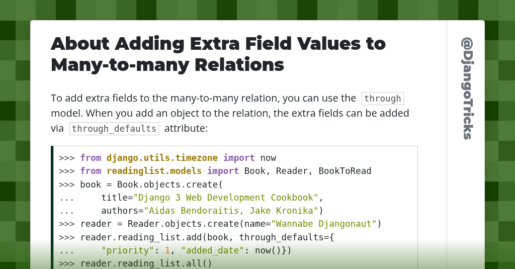 About Adding Extra Field Values to Many-to-many Relations - DjangoTricks