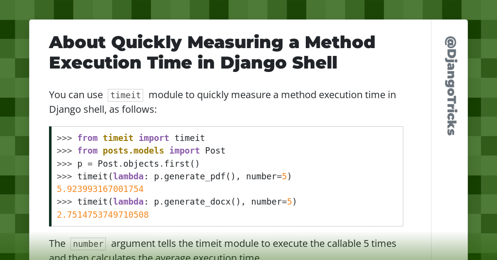 About Quickly Measuring a Method Execution Time in Django Shell - DjangoTricks